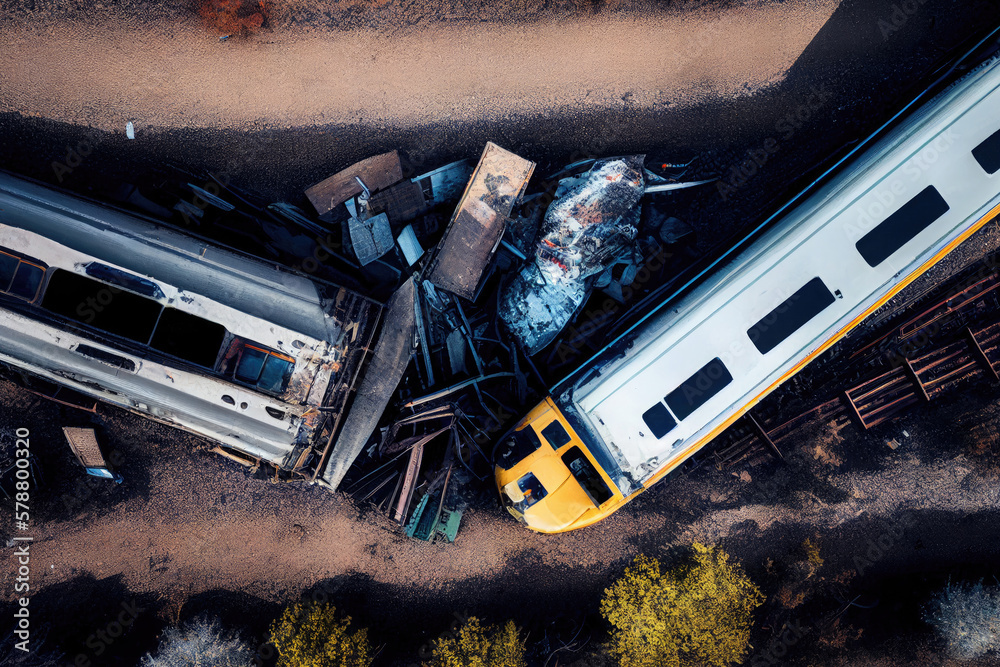 Passenger train crash accident, aerial view. Broken wagons and damaged ...