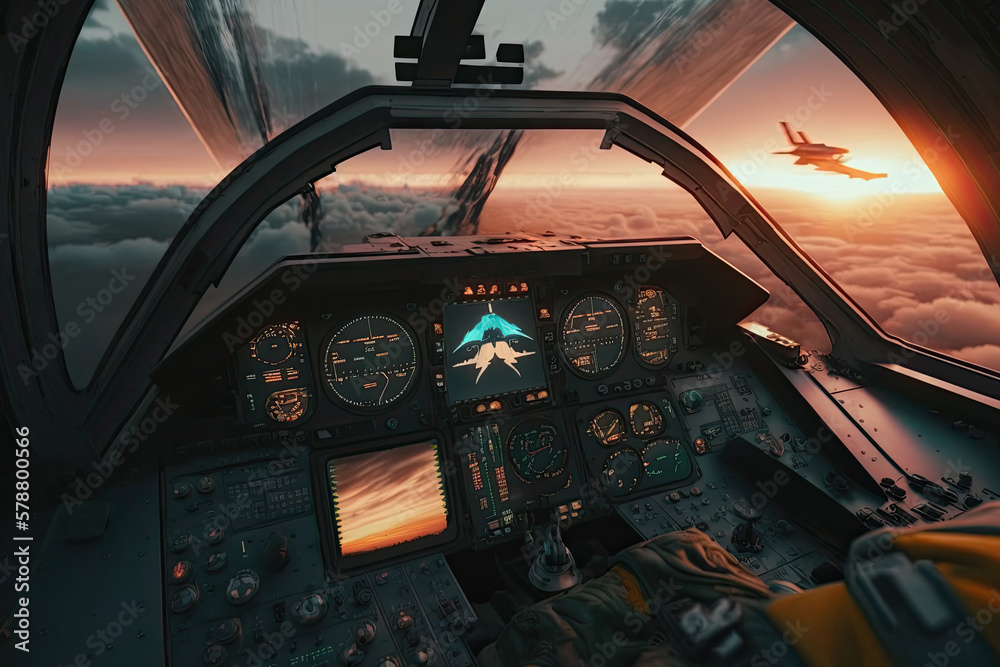 Jet fighter cockpit at sunset. Military aviation. Created with ...