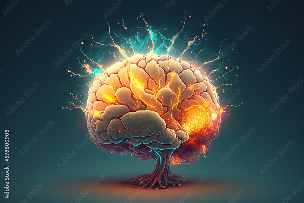 Energetic thinking. Glowing brain network in the form of a tree. The ...