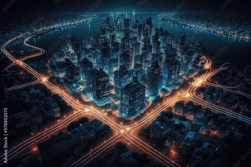 Nighttime aerial panorama of a city replete with icons representing ...