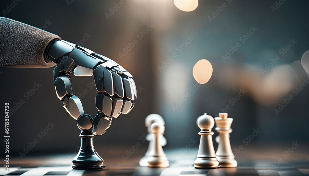 Poster metalic robotic hand holding chess piece with wooden board and ...