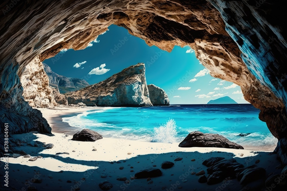 Iconic blue caves on the island's beach; a scenic seascape. Generative ...