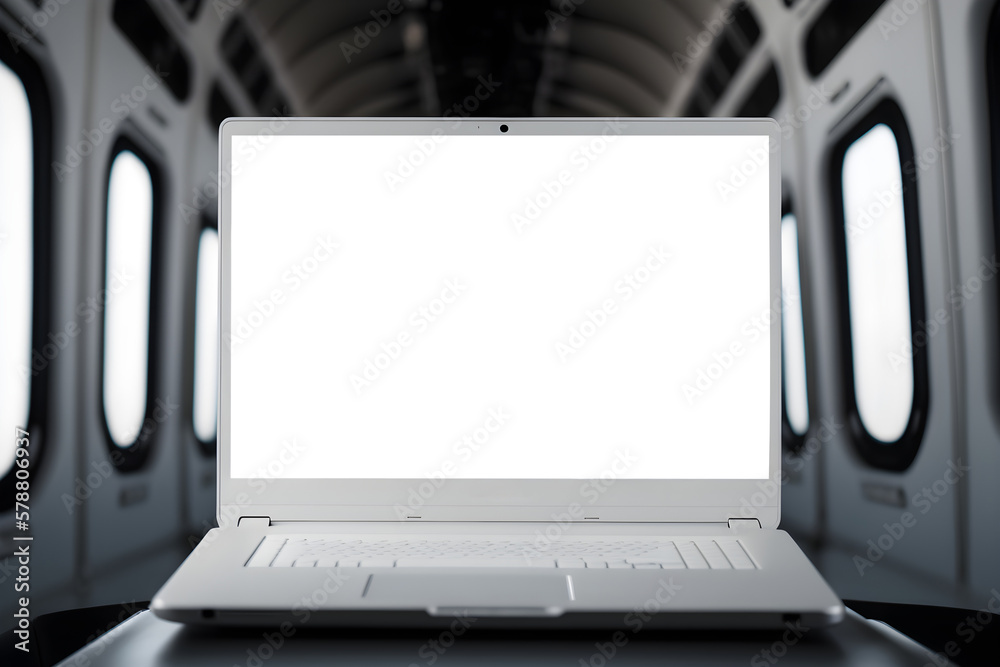 Empty Laptop display screen mockup in train cabin, blank laptop screen ...
