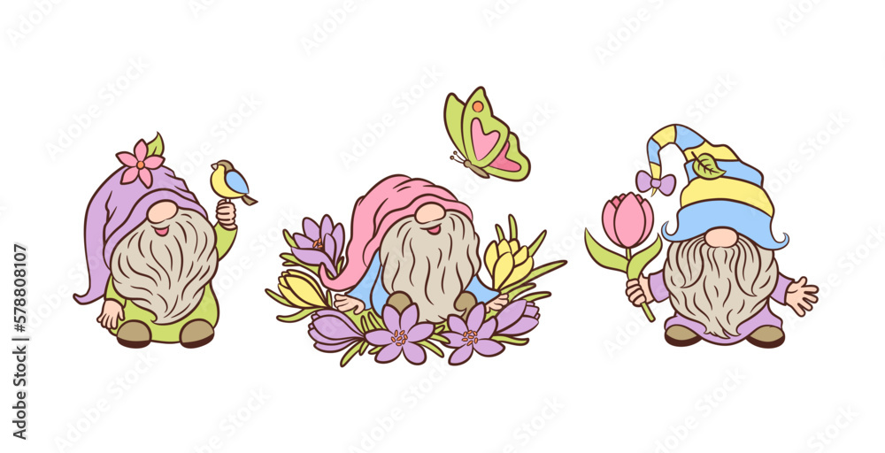 Cute spring gnomes Easter vector illustrations. Soft pastel spring ...