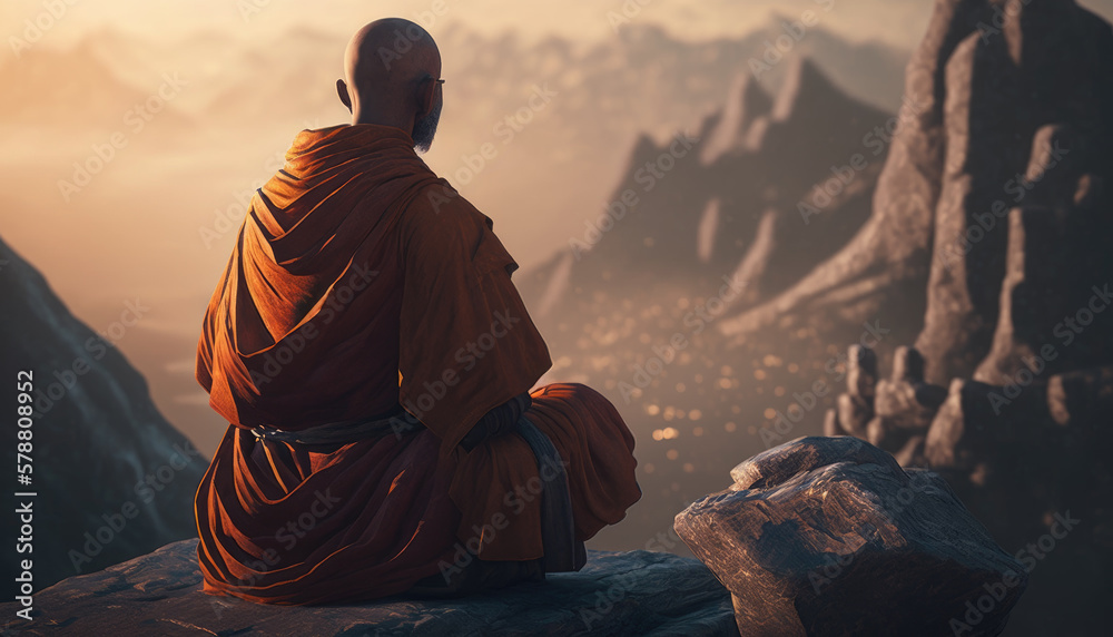 Buddhist monk meditating on a rock created with generative AI ...