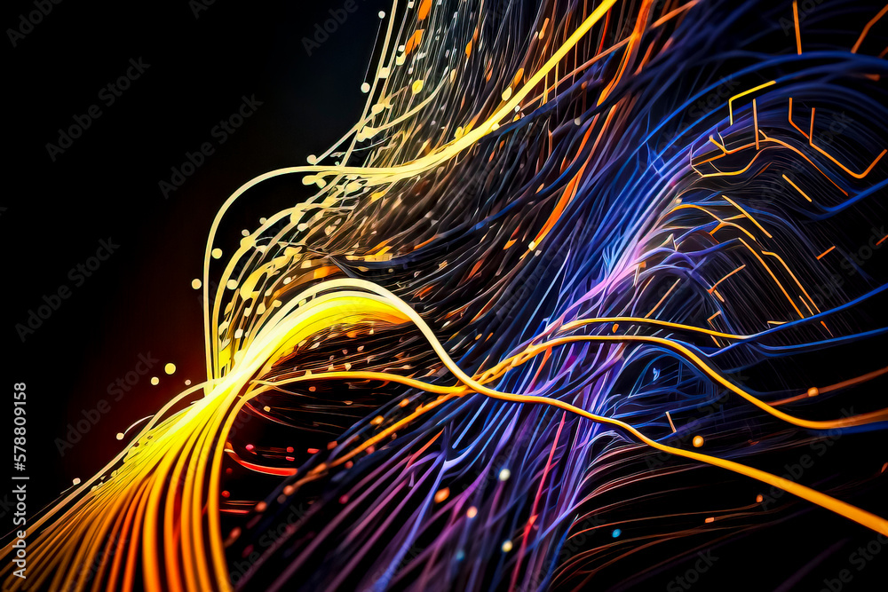 colored electric cables and led. optical fiber, intense colors ...