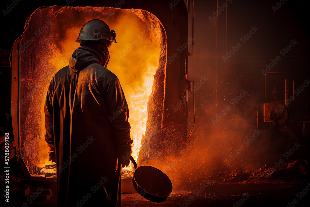 Men work at metallurgical furnace pouring smelted iron. Steel ...
