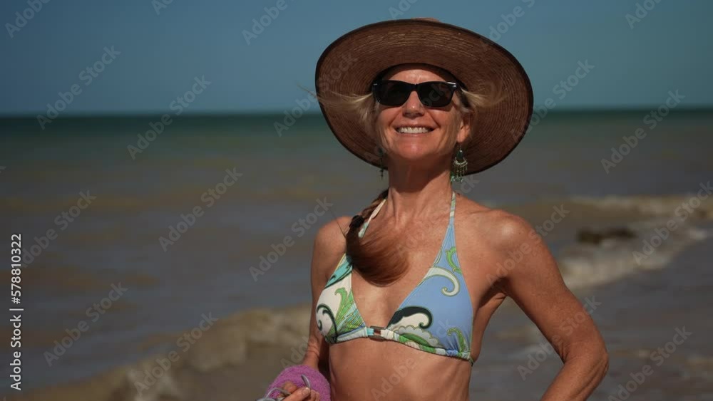 Closeup Of Attractive Happy Mature Senior Woman 50s 60s In Bikini