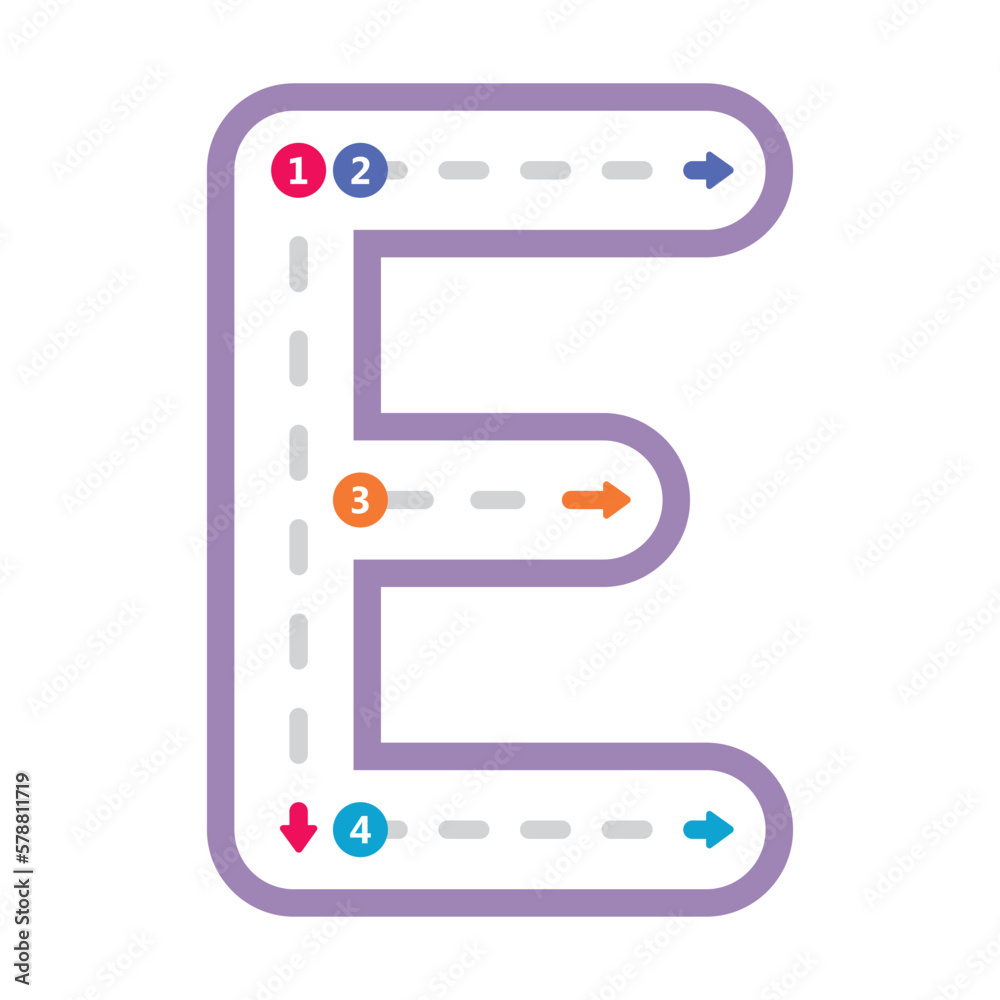 Tracing alphabet letter E uppercase prewriting dotted line element for ...