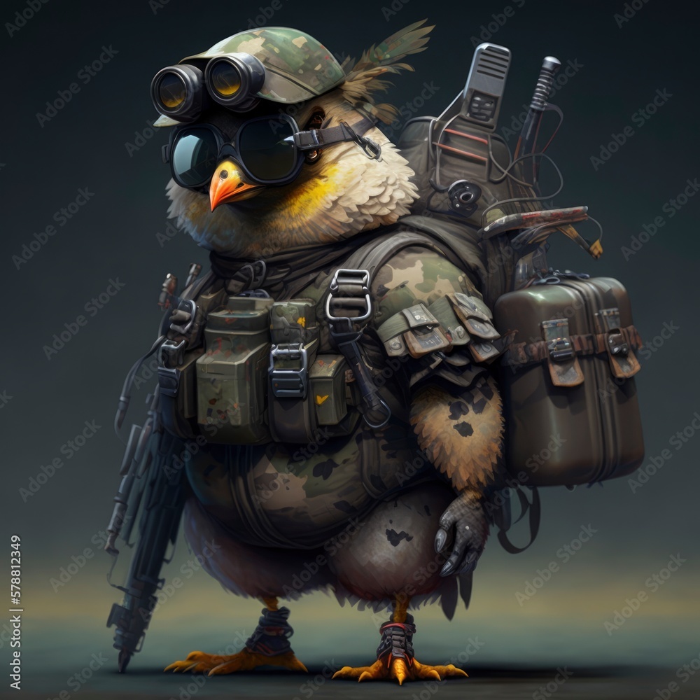 chicken cartoon character wearing military helmet and equipment ...