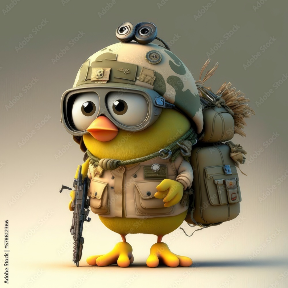 baby chicken cartoon character wearing military helmet and equipment, soldier hen bird, 3d ...