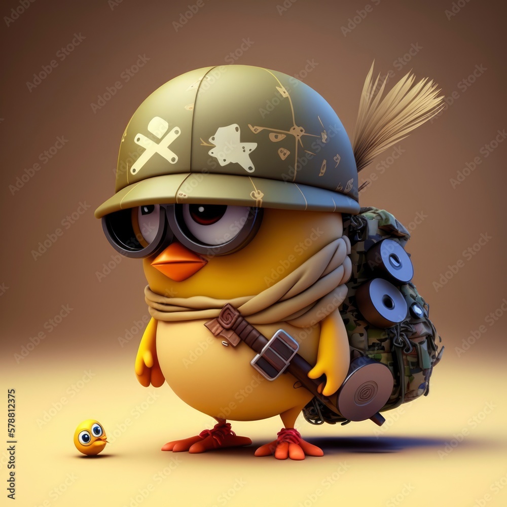 baby chicken cartoon character wearing military helmet and equipment ...