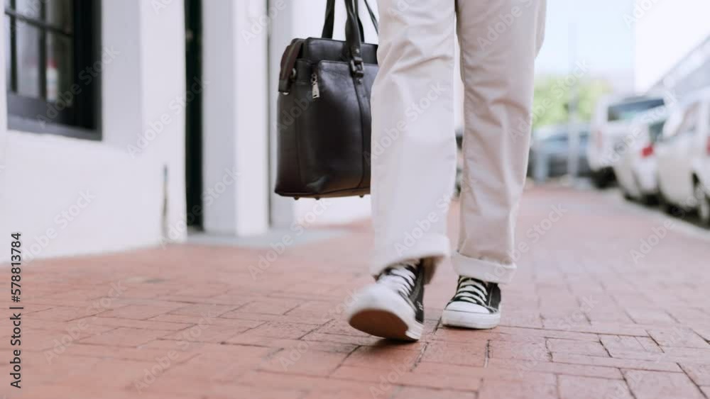 Legs, shoes and walk, bag and travel, professional person in city ...