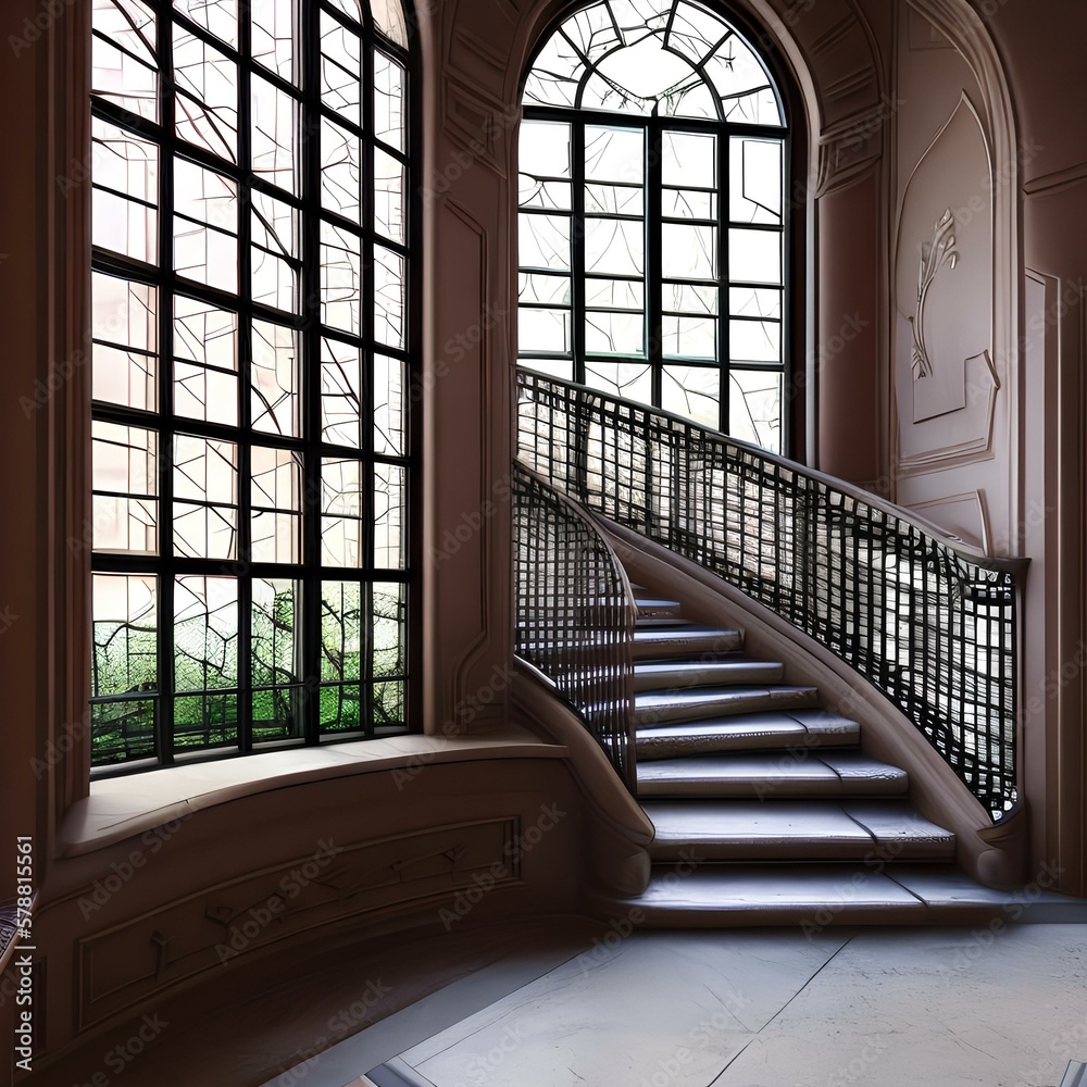13. A staircase with a interesting handrail and a large window nearby.1 ...