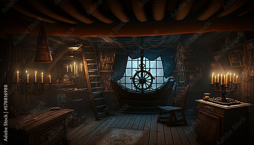 Pirate ship deck interior with nautical equipment concept design ...