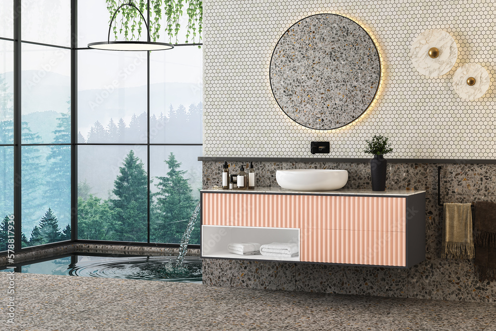 Bright modern bathroom with vanity unit, white sink, oval mirror, pool ...