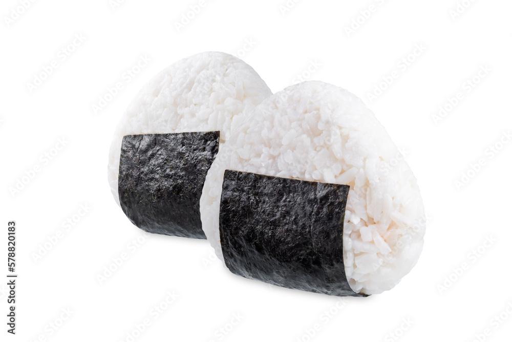 Onigiri, Japanese triangular rice balls stuffed with salmon on a white ...