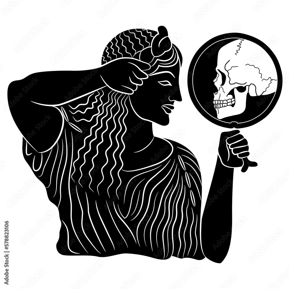 Poster Pretty young girl looking in a mirror with human skull ...