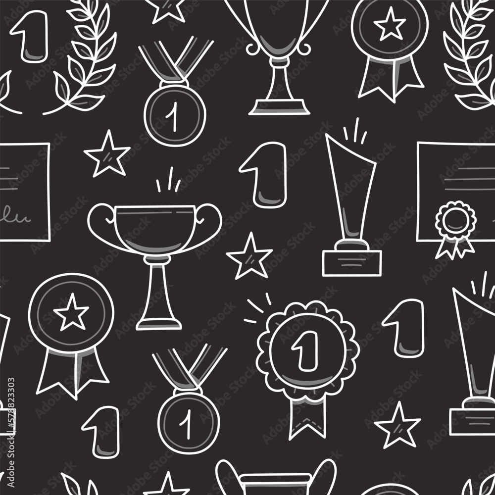 Award doodle hand drawn seamless pattern. Winner trophy cup, champion ...