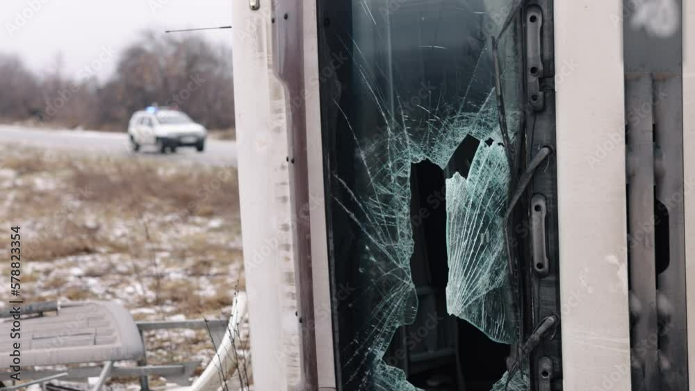 Truck accident, Vehicle inspection, Broken glass. A truck accident has ...