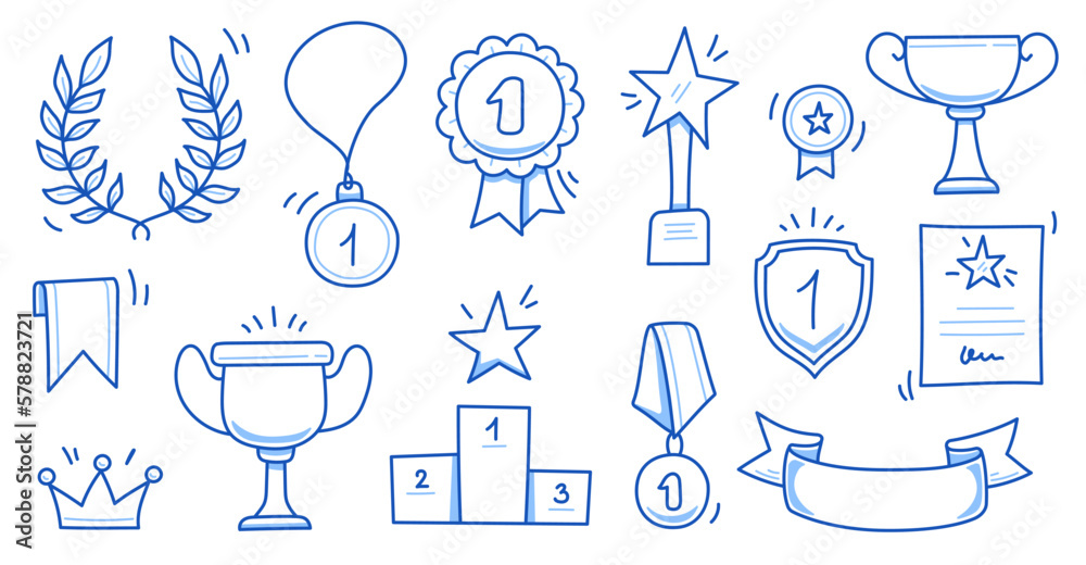 Award doodle hand drawn trophy set. Winner award cup, champion medal ...