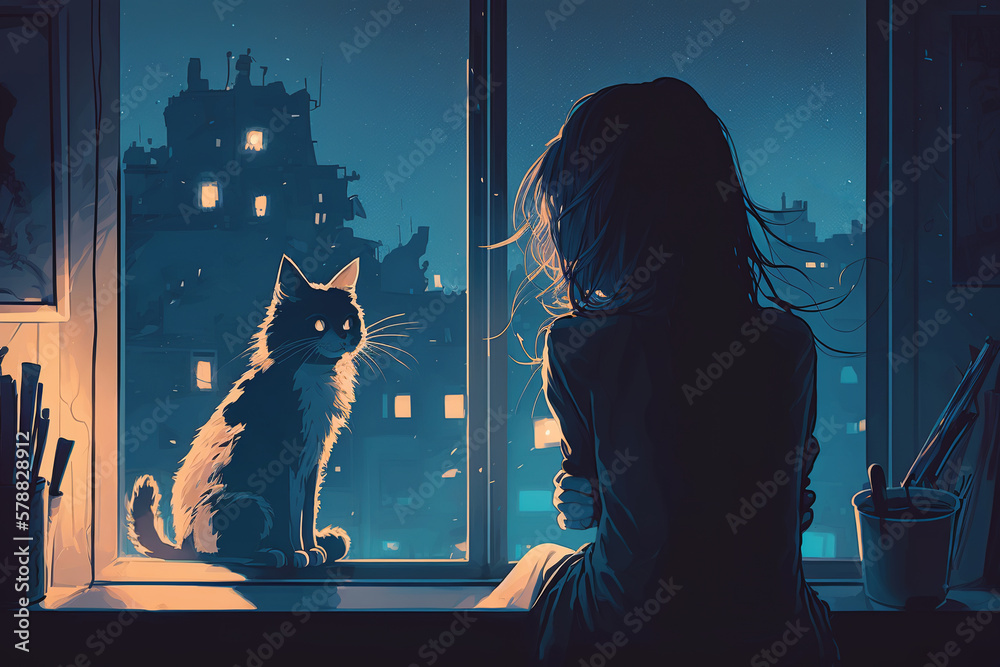 Anime girl and her cat looking at the night city. Stock Illustration ...