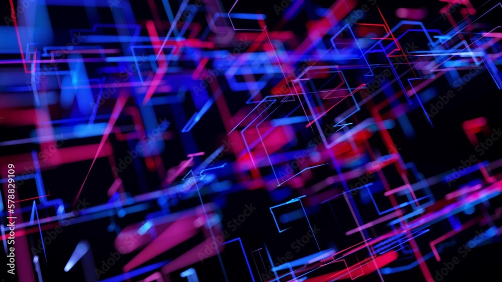 Motion graphics, sci-fi bg with flow of blue red neon glow lines form ...