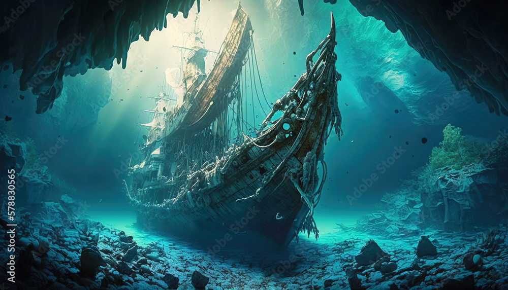 Shipwreck in underwater cave, wreck of old sailing ship under water ...