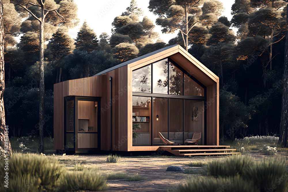 Generative AI illustration. Front view of modern wooden cabin with ...