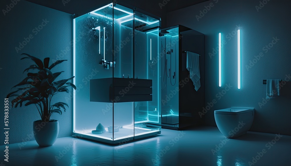 A minimalist and futuristic bathroom with a floating vanity, glass ...