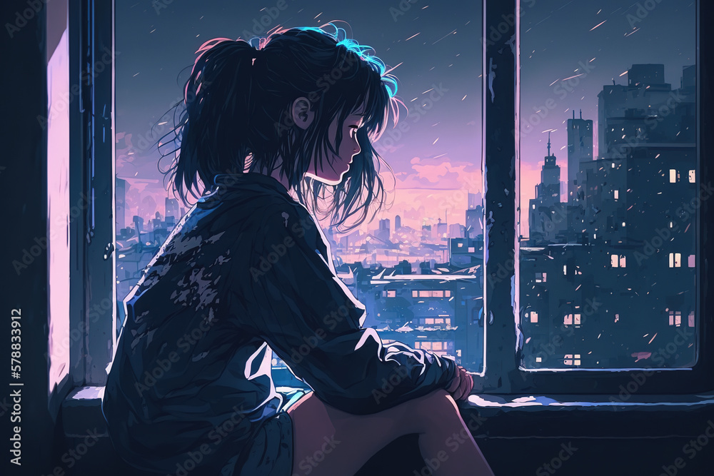 Anime girl sitting on window and looking at the night city. Stock ...