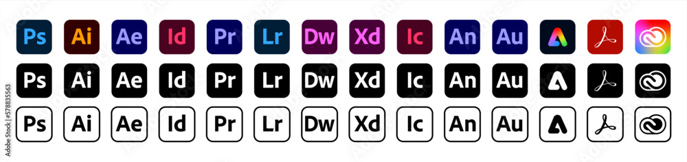 Adobe product. Logotype set of adobe products: adobe, illustrator ...