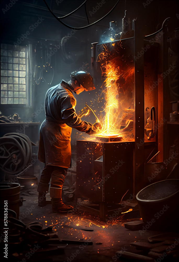 forge or workshop, with a blacksmith or metalworker creating sparks and ...