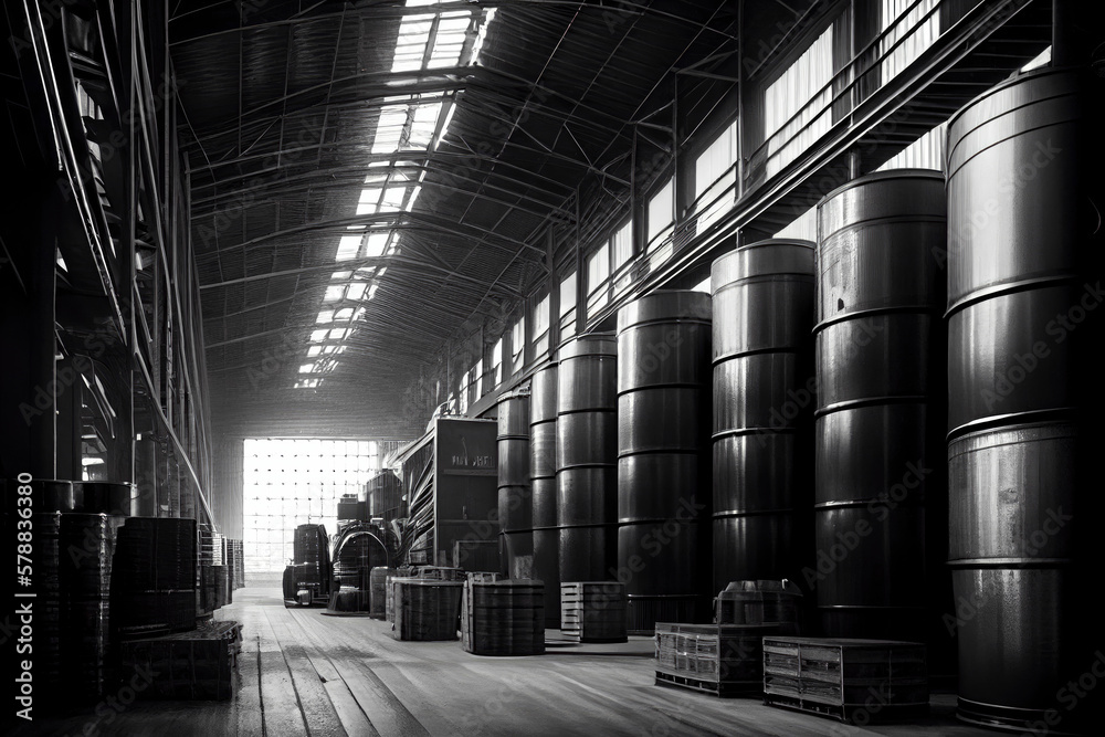 Black casks on pallets in an industrial setting, oil storage facility ...