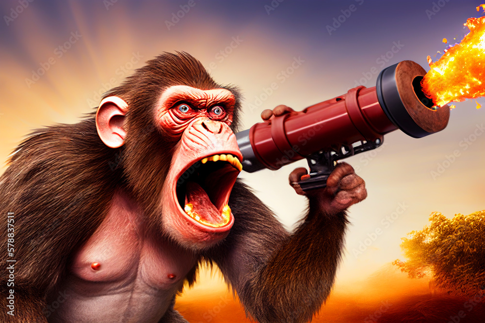 Monkey with bazooka a shots. Bazooka in hands of evil monkey. Evil and comical monkey holds a ...