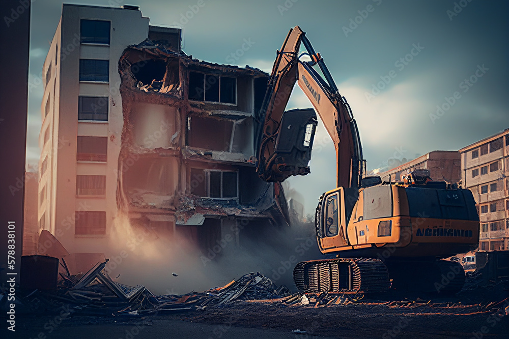 Building demolition work. Excavator on construction site. Futuristic ...