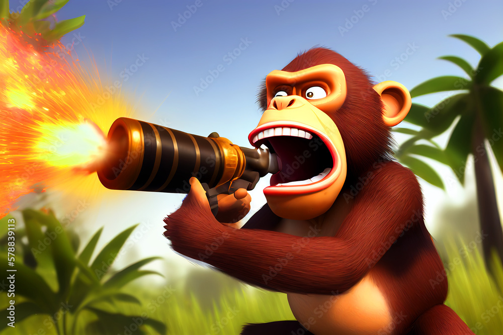 Monkey with bazooka a shots. Bazooka in hands of evil monkey. Evil and ...