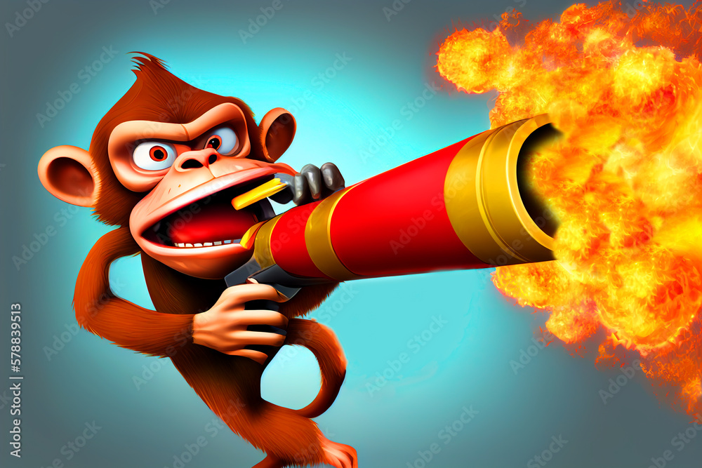 Monkey with bazooka a shots. Bazooka in hands of evil monkey. Evil and ...