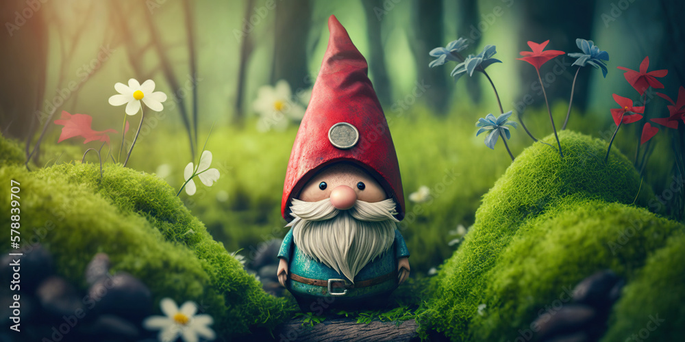 Cute gnome in spring forest copy, concept of Vibrant Nature and ...