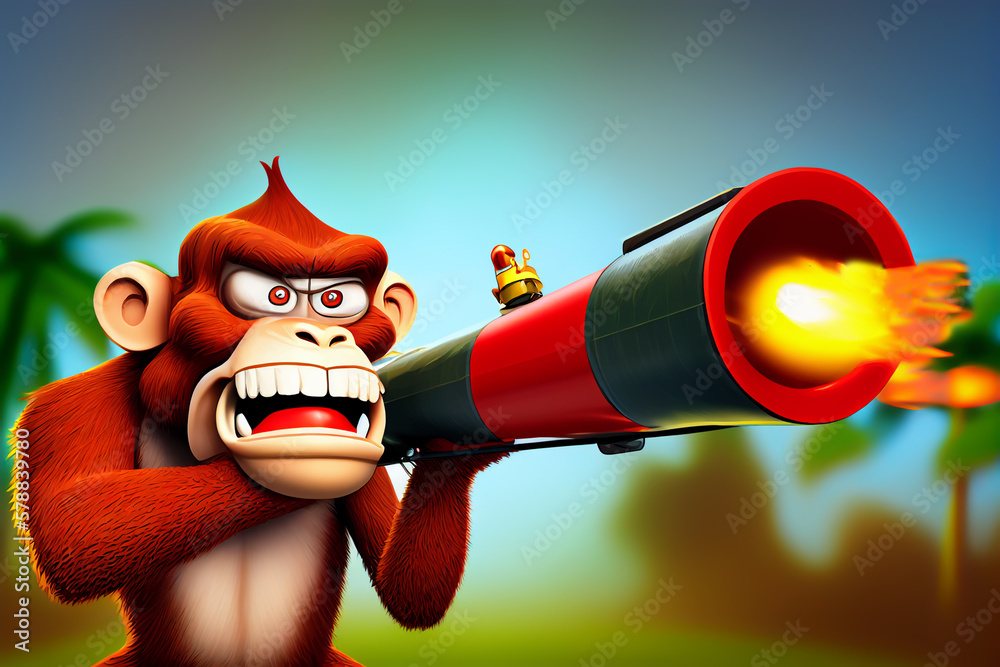 Monkey with bazooka a shots. Bazooka in hands of evil monkey. Evil and ...