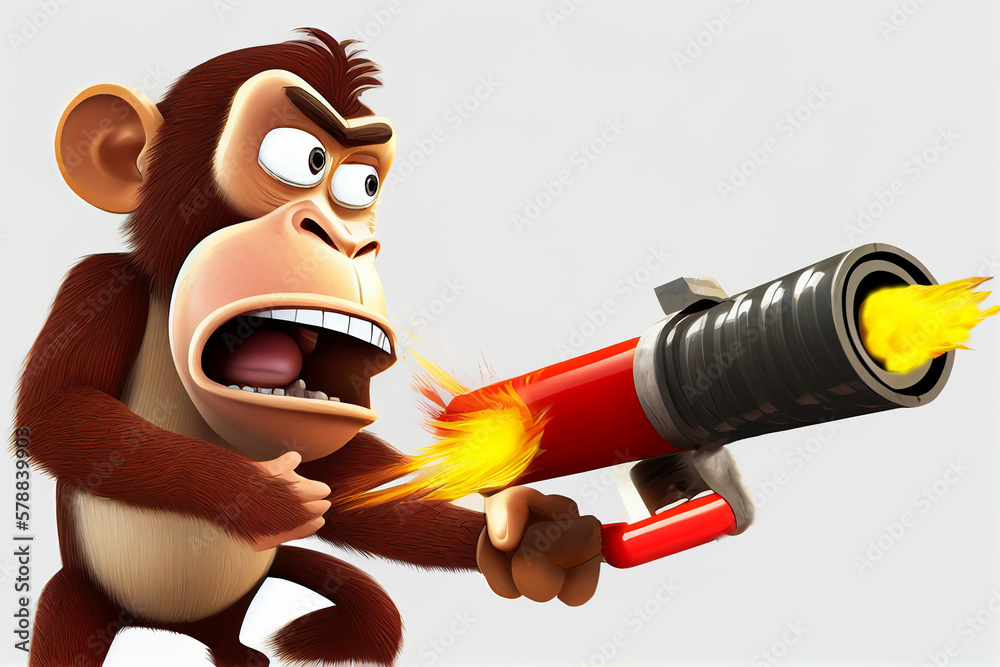 Monkey with bazooka a shots. Bazooka in hands of evil monkey. Evil and ...