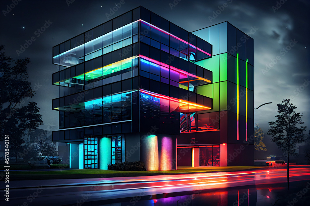 modern office building at night, with the exterior illuminated by ...