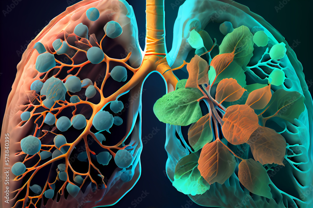 pulmonary alveoli, with detailed depictions of the alveolar sacs and ...