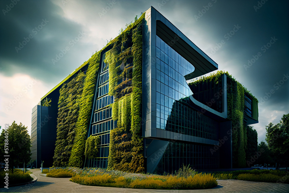 office building with a green facade, such as a living wall or vertical ...