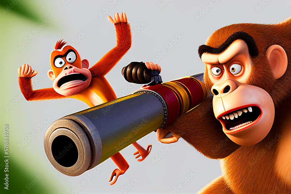 Monkey with bazooka a shots. Bazooka in hands of evil monkey. Evil and ...
