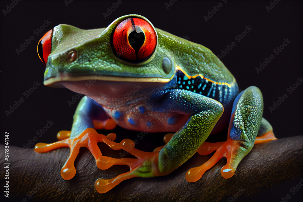Close-up image of a red-eyed tree frog, its bright red eyes and vibrant ...