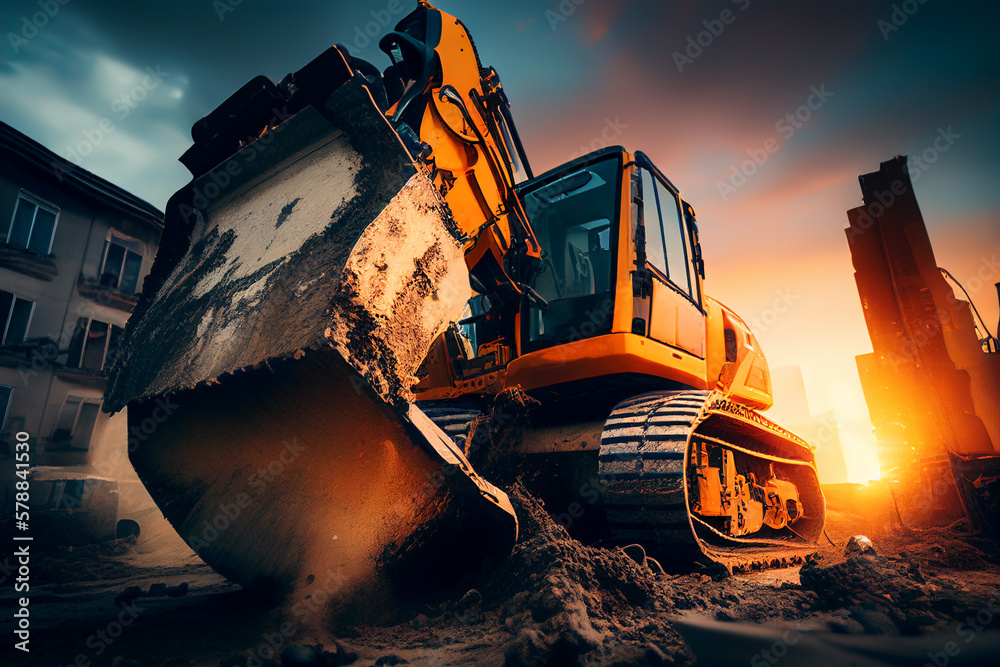 Building demolition work. Excavator on construction site. Futuristic ...