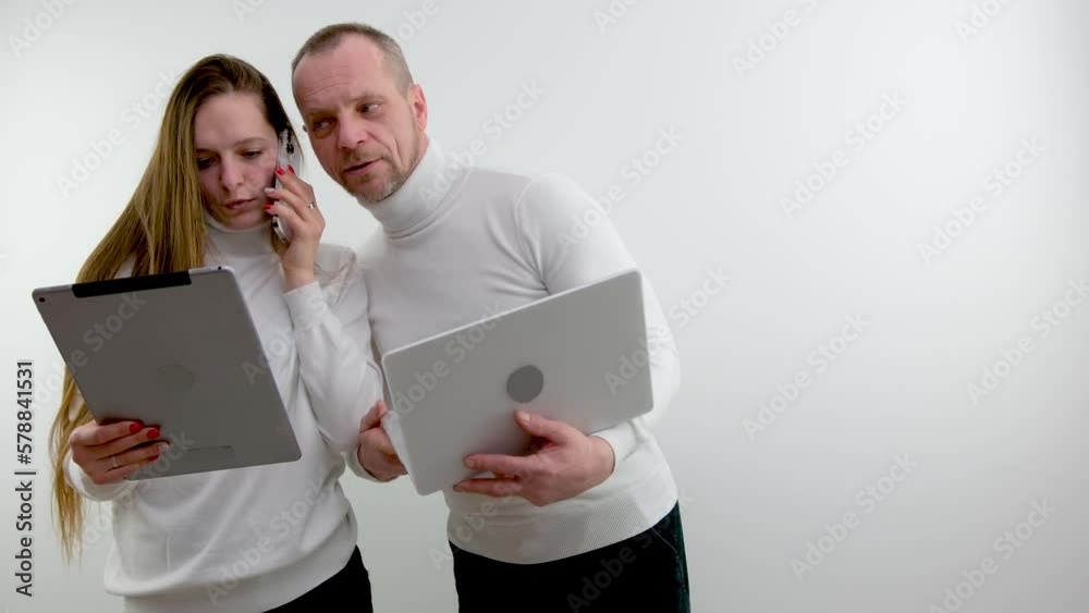 banner man woman tablet Happy People Pointing With Fingers Show and ...