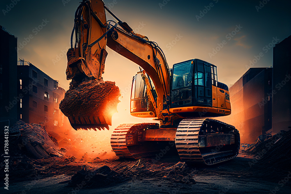 Building demolition work. Excavator on construction site. Futuristic ...