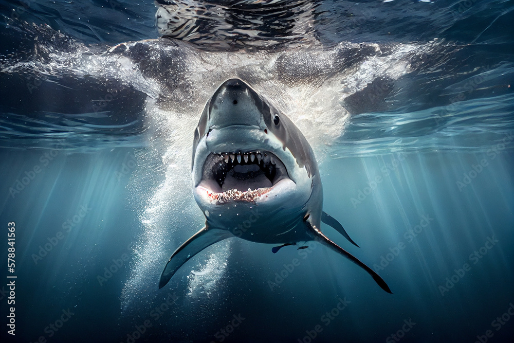 Great white shark swimming towards the camera with its jaws open. The ...